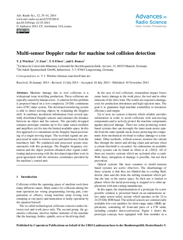 Pdf Multi Sensor Doppler Radar For Machine Tool Collision Detection