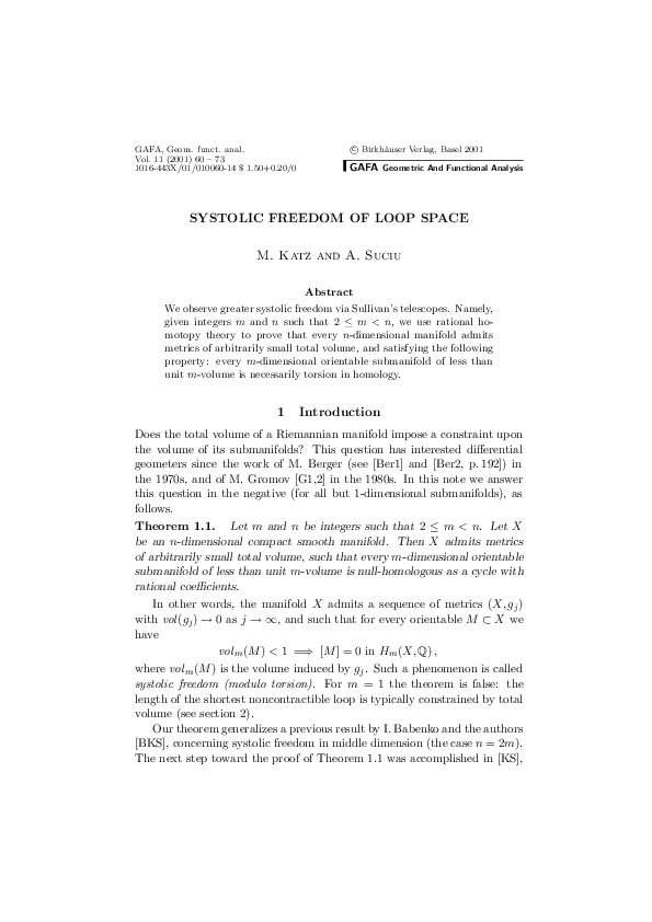 (PDF) GAFA Geometric And Functional Analysis SYSTOLIC FREEDOM OF LOOP SPACE