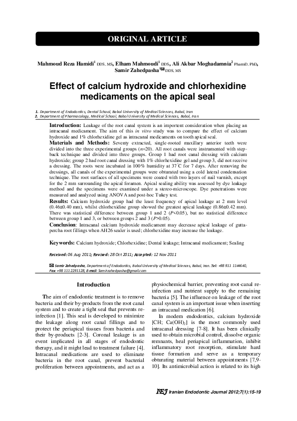(PDF) Effect of Calcium Hydroxide and Chlorhexidine Medicaments on the Apical Seal