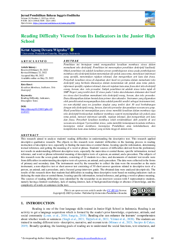 (PDF) Reading Difficulty Viewed from Its Indicators in the Junior High ...