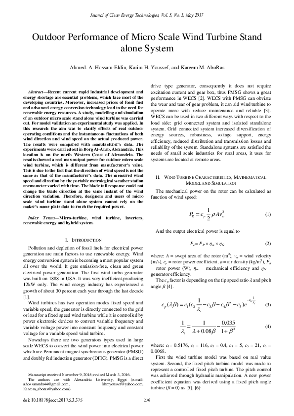 (PDF) Outdoor Performance of Micro Scale Wind Turbine Stand alone System