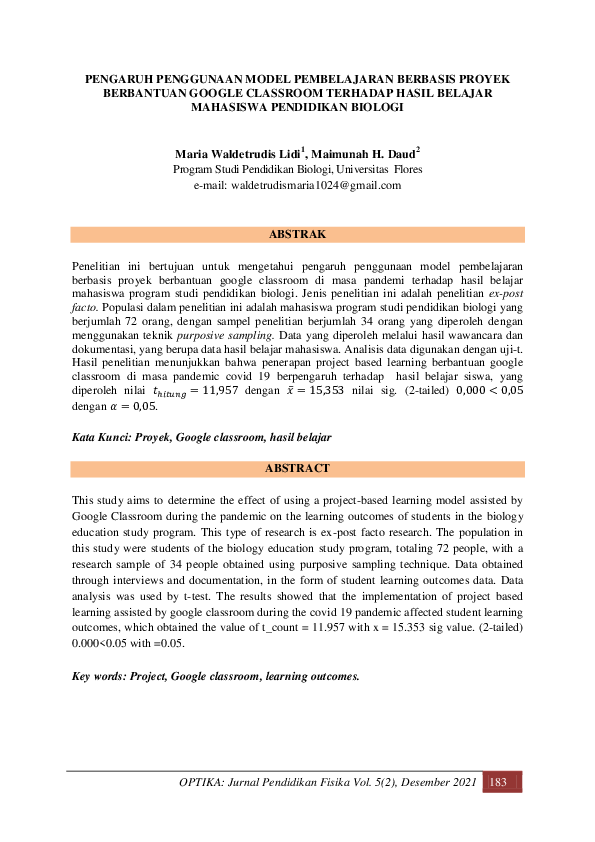 (PDF) Pengaruh Penggunaan Model Pembelajaran Berbasis Proyek Berbantuan Google Classroom ...