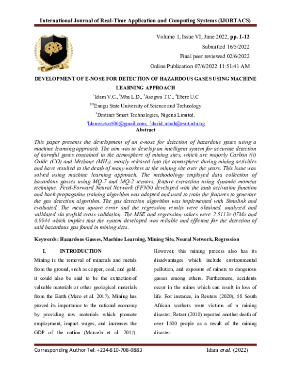 (DOC) DEVELOPMENT OF E-NOSE FOR DETECTION OF HAZARDOUS GASES USING MACHINE LEARNING APPROACH