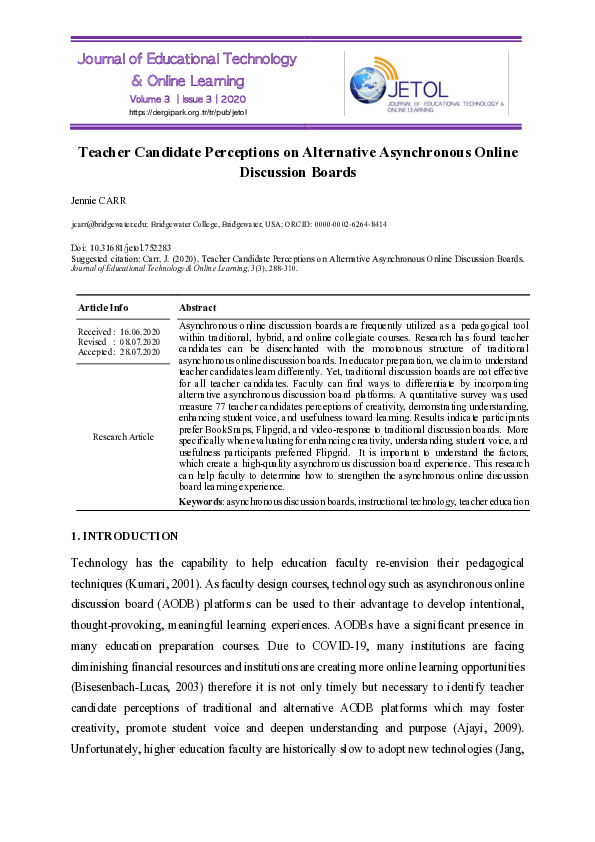 Pdf Teacher Candidate Perceptions On Alternative Asynchronous Online Discussion Boards
