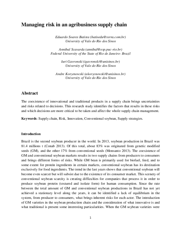 (PDF) Managing risk in an agribusiness supply chain