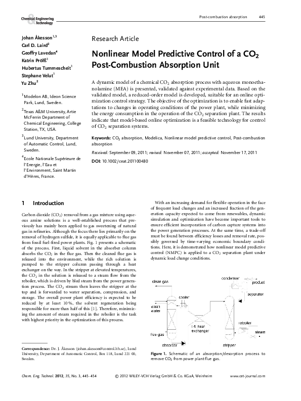 (PDF) Nonlinear Model Predictive Control of a CO2 Post-Combustion Absorption Unit