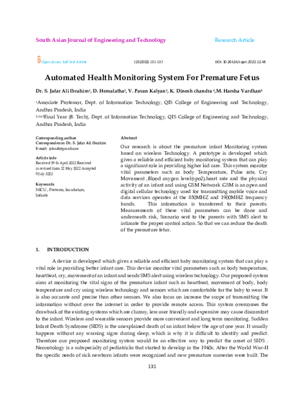 (PDF) Automated health monitoring system for premature fetus