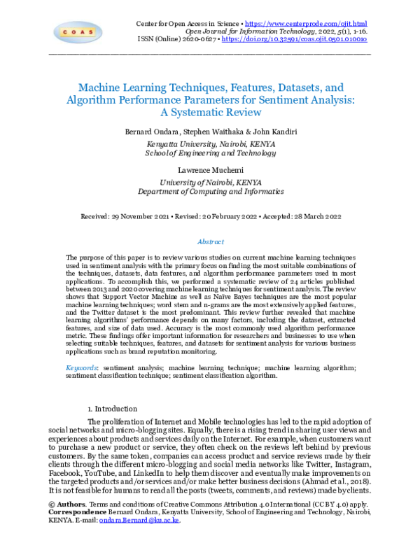 Pdf Machine Learning Techniques Features Datasets And Algorithm Performance Parameters For
