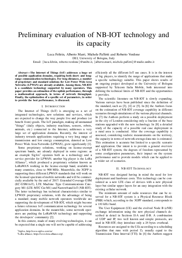 (PDF) Preliminary evaluation of NB-IOT technology and its capacity