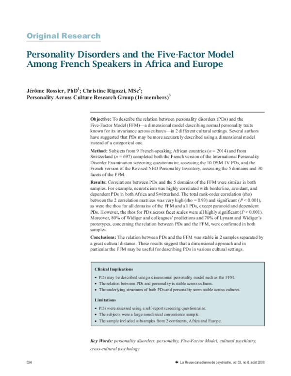 (PDF) Personality disorders and the five-factor model among French ...