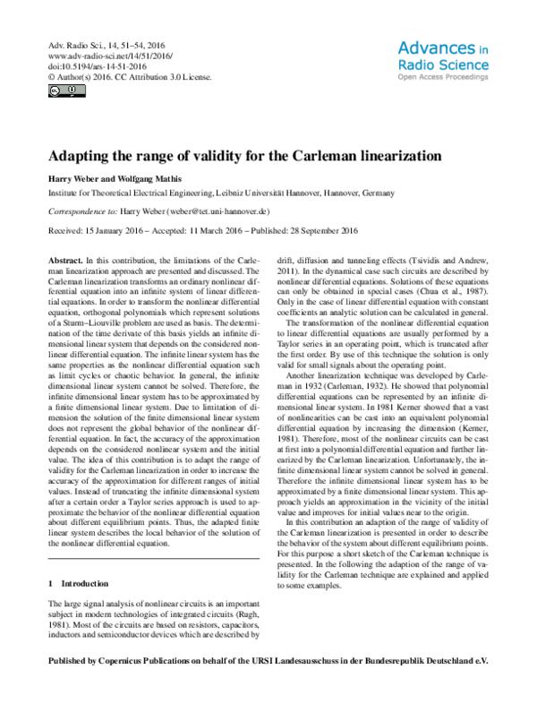 Pdf Adapting The Range Of Validity For The Carleman Linearization
