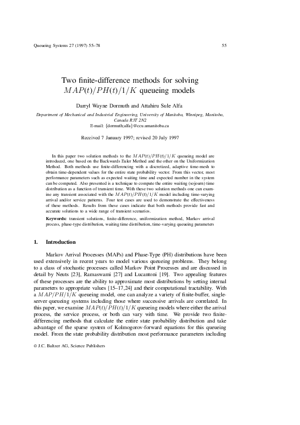 Pdf Two Finite Difference Methods For Solving Maptpht1k Queueing Models Darryl