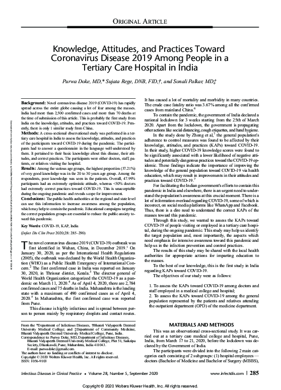 (PDF) Knowledge, Attitudes, and Practices Toward Coronavirus Disease 2019, Among People in a ...
