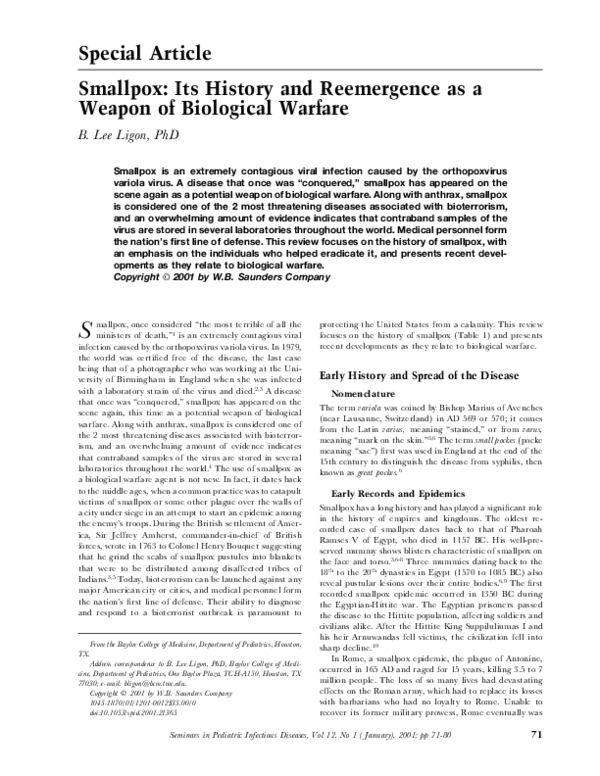 (PDF) Special article: Smallpox: Its history and reemergence as a ...