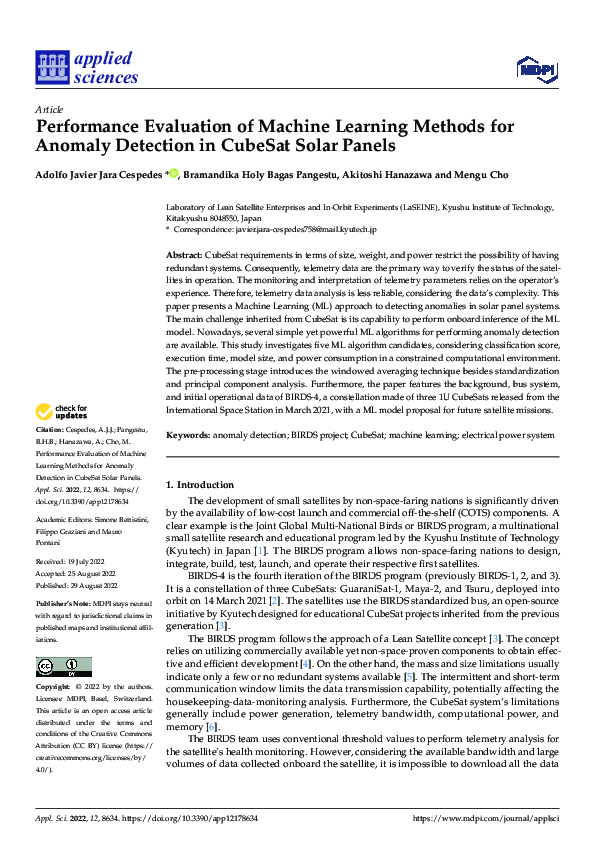 (PDF) Performance Evaluation of Machine Learning Methods for Anomaly Detection in CubeSat Solar ...