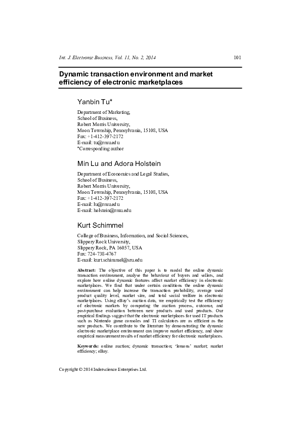 (PDF) Dynamic transaction environment and market efficiency of electronic marketplaces