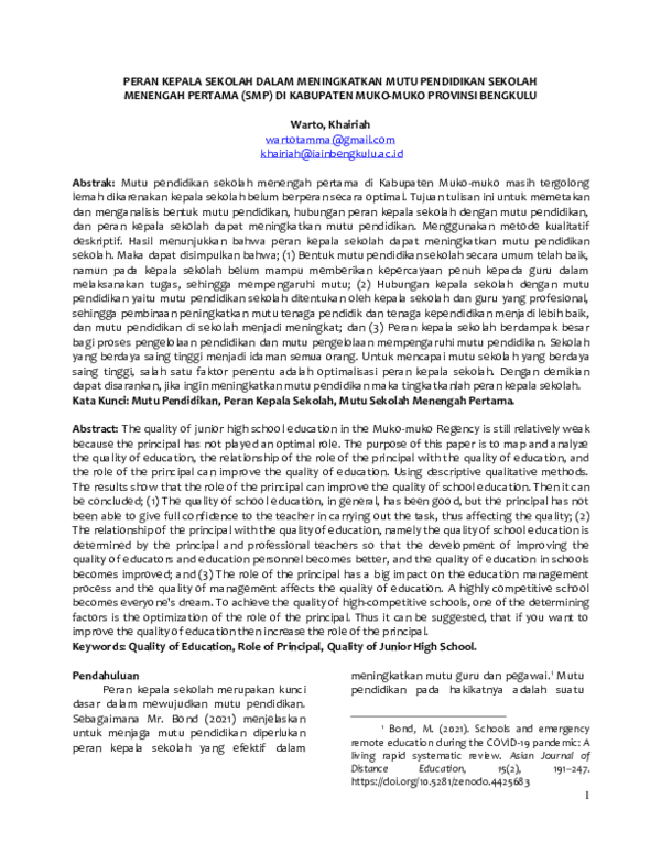 (PDF) PERAN KEPALA SEKOLAH DALAM MENINGKATKAN MUTU PENDIDIKAN SEKOLAH MENENGAH PERTAMA (SMP) DI ...