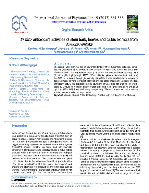 (PDF) In vitro antioxidant activities of stem bark, leaves and callus ...