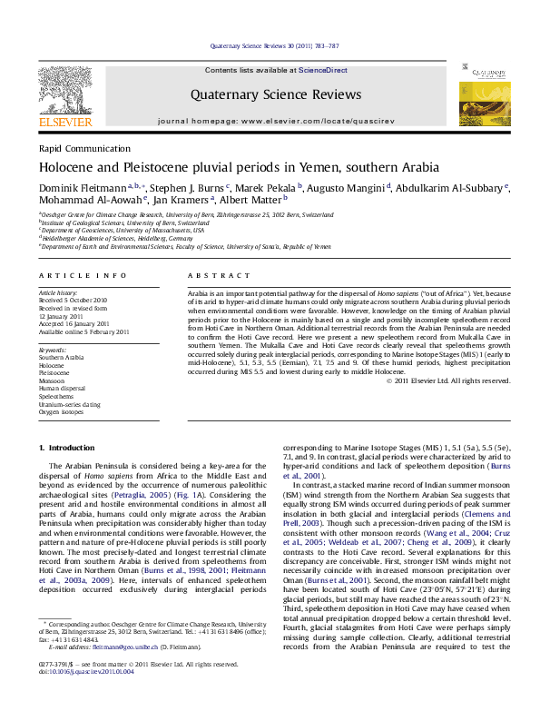 (PDF) Holocene and Pleistocene pluvial periods in Yemen, southern Arabia
