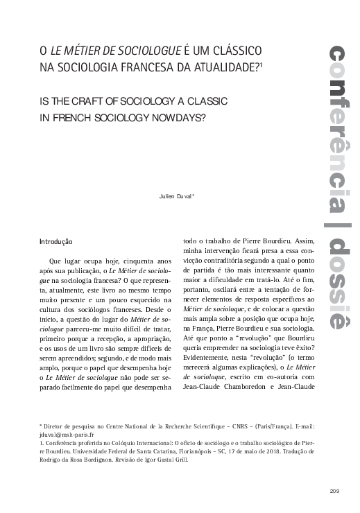 (PDF) O Le Métier De Sociologue É Um Clássico Na Sociologia Francesa Da ...