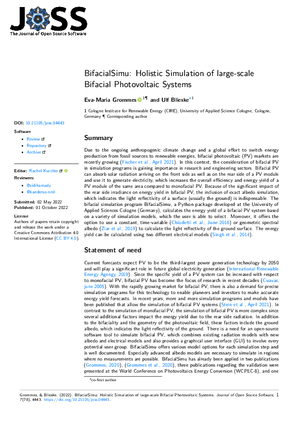 Pdf Bifacialsimu Holistic Simulation Of Large Scale Bifacial Photovoltaic Systems