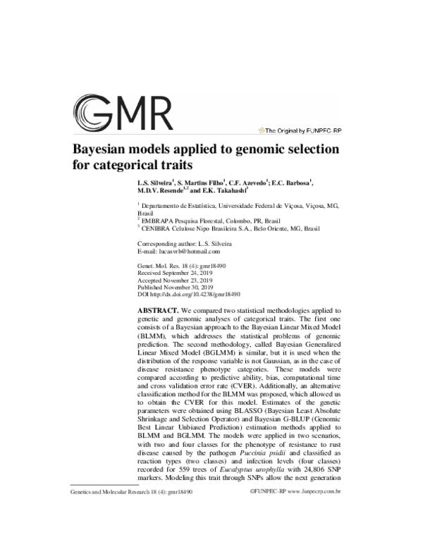 (PDF) Research Article Bayesian models applied to genomic selection for categorical traits