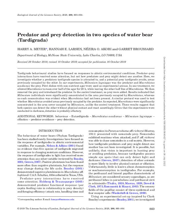 (PDF) Predator and prey detection in two species of water bear (Tardigrada)