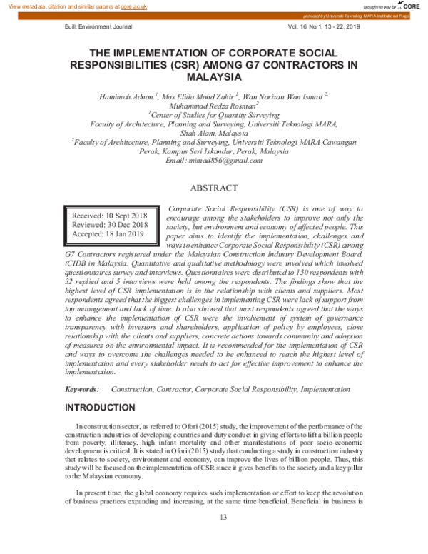 (PDF) The implementation of corporate social responsibilities (CSR) among G7 contractors in ...