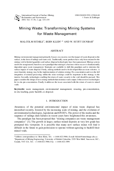 (PDF) Mining Waste: Transforming Mining Systems for Waste Management