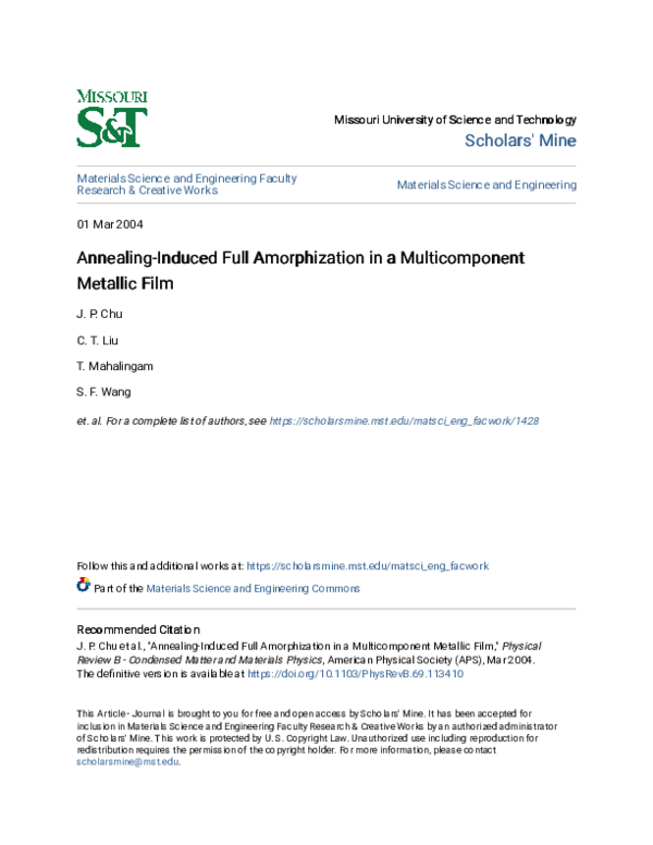 (PDF) Annealing-induced full amorphization in a multicomponent metallic ...
