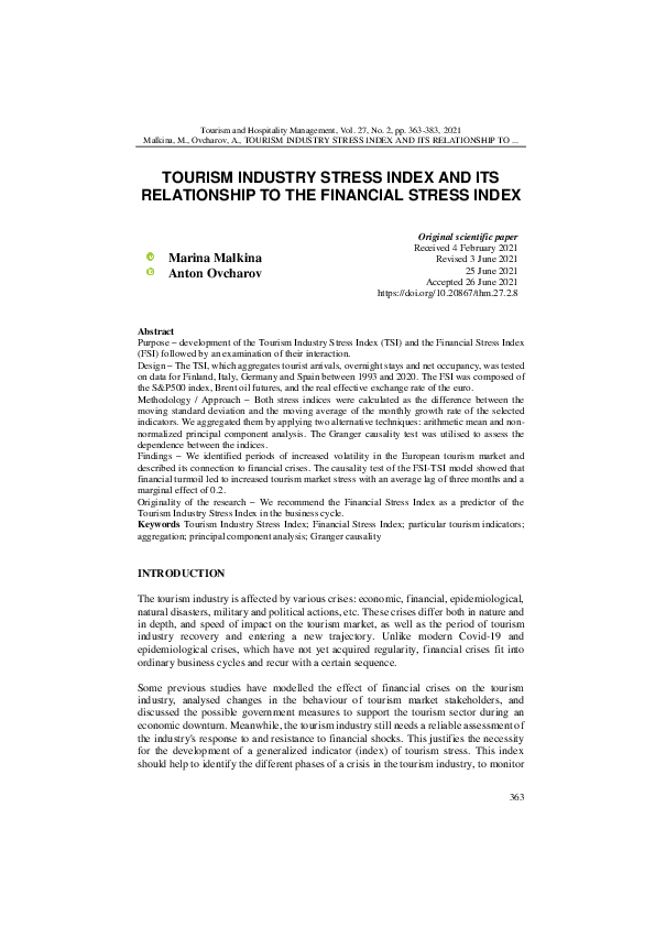 (PDF) Tourism Industry Stress Index and Its Relationship to the ...