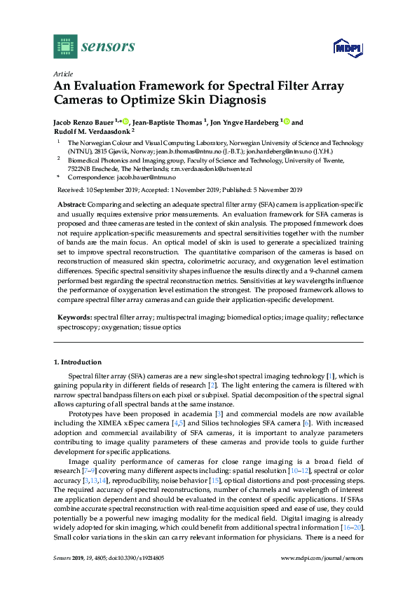 Pdf An Evaluation Framework For Spectral Filter Array Cameras To Optimize Skin Diagnosis