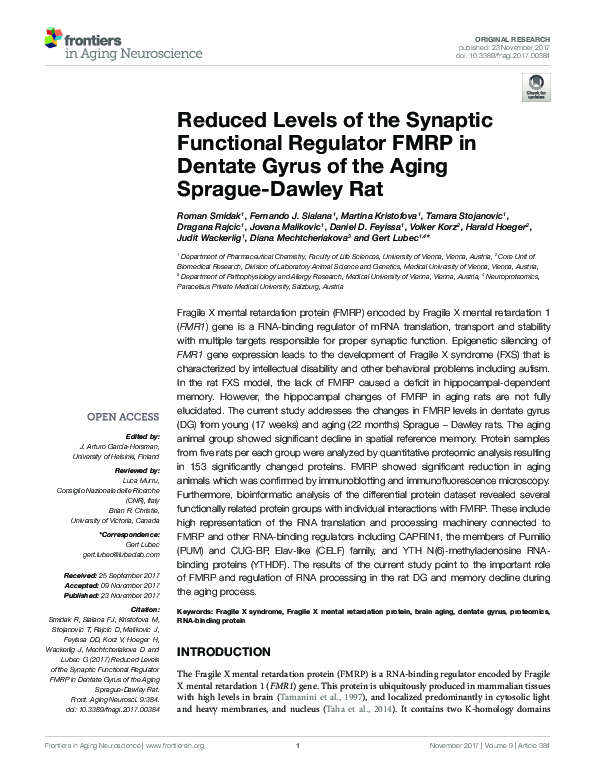(PDF) FMRP Decline in Dentate Gyrus of Aging Sprague-Dawley Rats