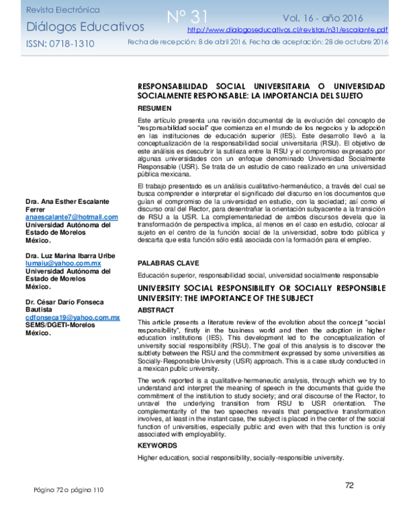 (PDF) Responsabilidad social universitaria o universidad socialmente responsable: la importancia ...