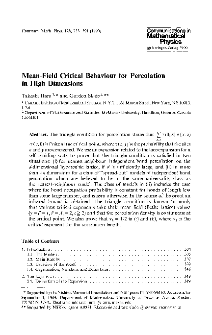 (PDF) Mean-field critical behaviour for percolation in high dimensions