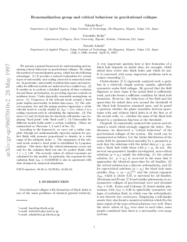 (PDF) Renormalization group and critical behaviour in gravitational collapse