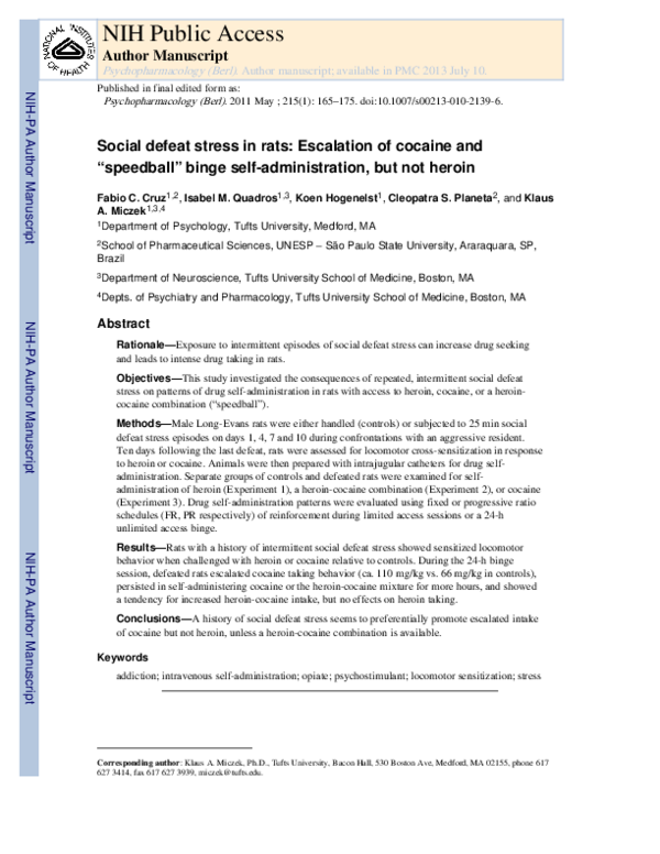 (PDF) Social defeat stress in rats: escalation of cocaine and ...
