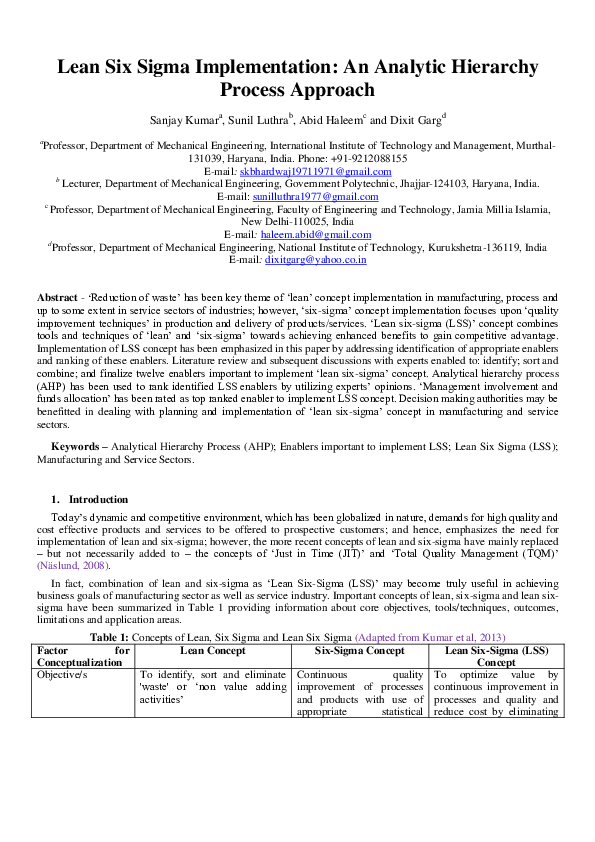 Pdf Lean Six Sigma Implementation An Analytic Hierarchy Process Approach Sanjay Kumar