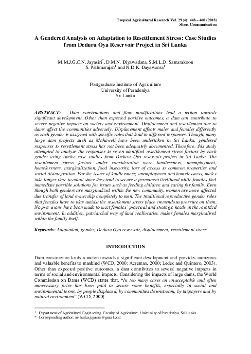 (PDF) A gendered analysis on adaptation to resettlement stress: case ...