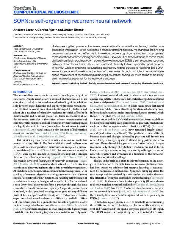 (PDF) SORN: a Self-organizing Recurrent Neural Network