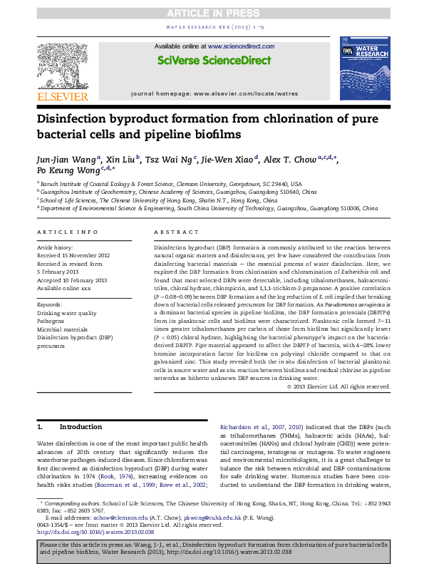 (PDF) Disinfection by-product formation from the chlorination and ...