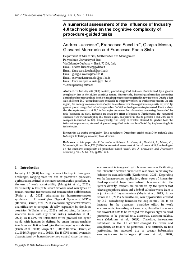 (PDF) A numerical assessment of the influence of Industry 4.0 technologies on the cognitive ...