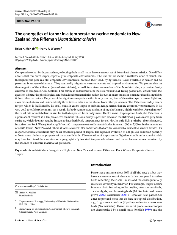 (PDF) The energetics of torpor in a temperate passerine endemic to New ...