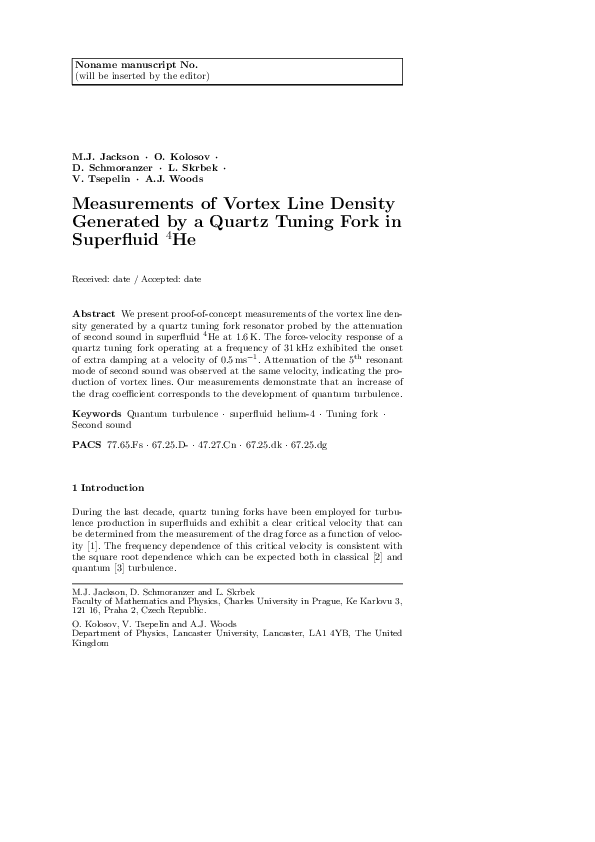 (PDF) Measurements of Vortex Line Density Generated by a Quartz Tuning Fork in Superfluid $$^{4 ...