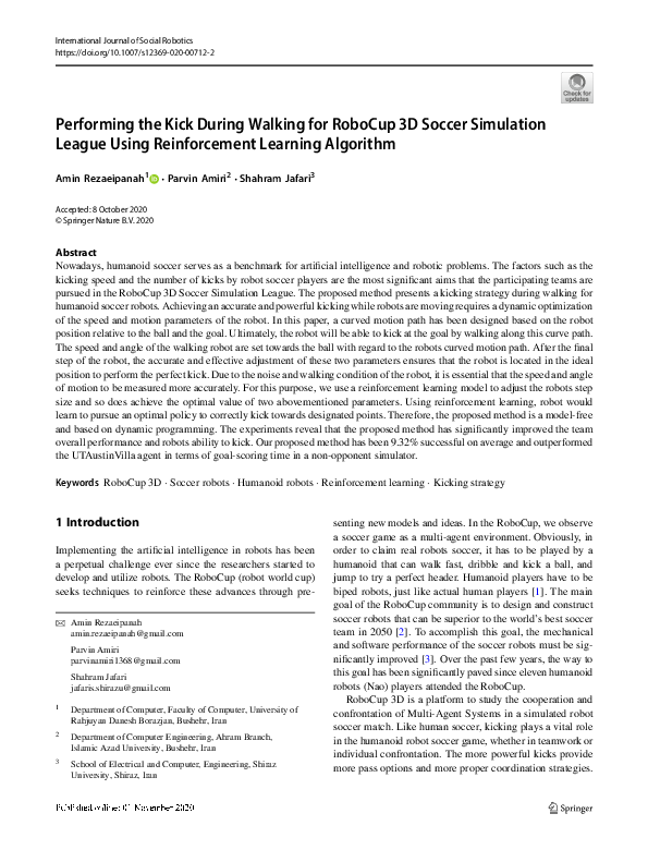 Pdf Performing The Kick During Walking For Robocup 3d Soccer Simulation League Using