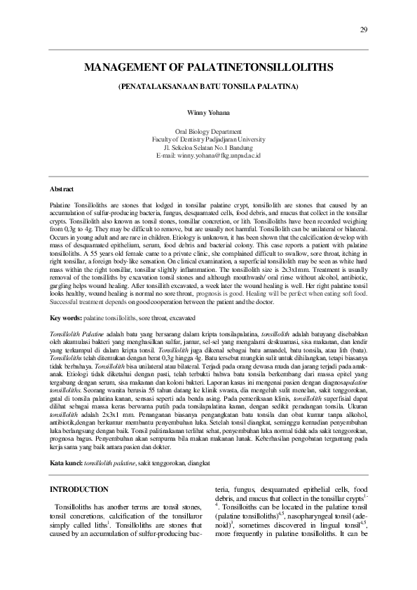 (PDF) Management of Tonsillolith Palatine