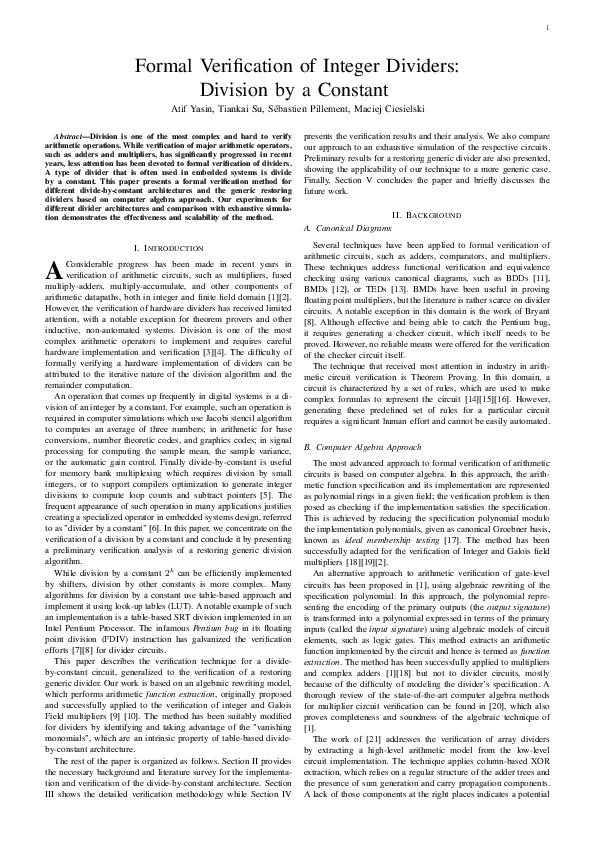 (PDF) Formal Verification of Integer Dividers:Division by a Constant