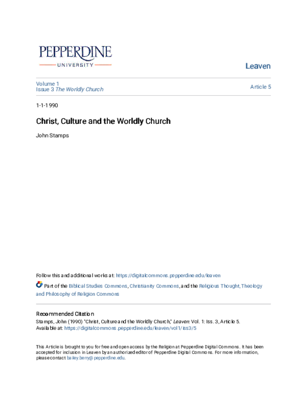 (PDF) Christ, Culture and the Worldly Church