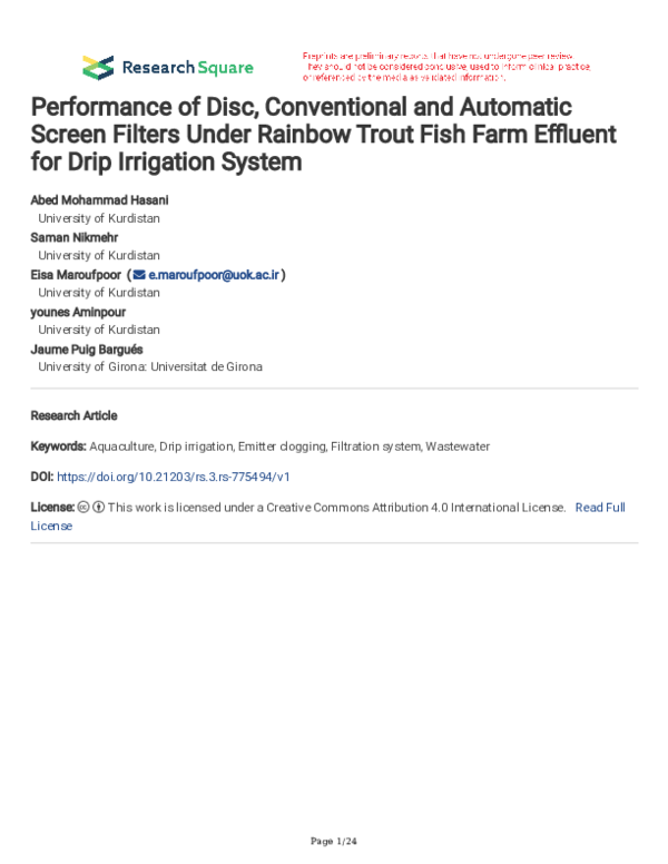 (PDF) Performance of Disc, Conventional and Automatic Screen Filters ...
