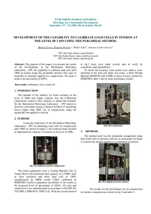 (PDF) Development of the Capability to Calibrate Load Cells in Tension at the Level 0F 2 MN ...